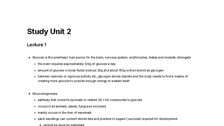 Study Unit 2 Lecture 1: Glucose Metabolism Overview - Studocu