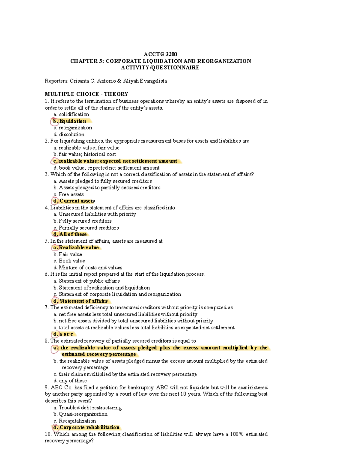 ACCTG 3200 CH5: Corporate Liquidation & Reorganization Study Guide ...