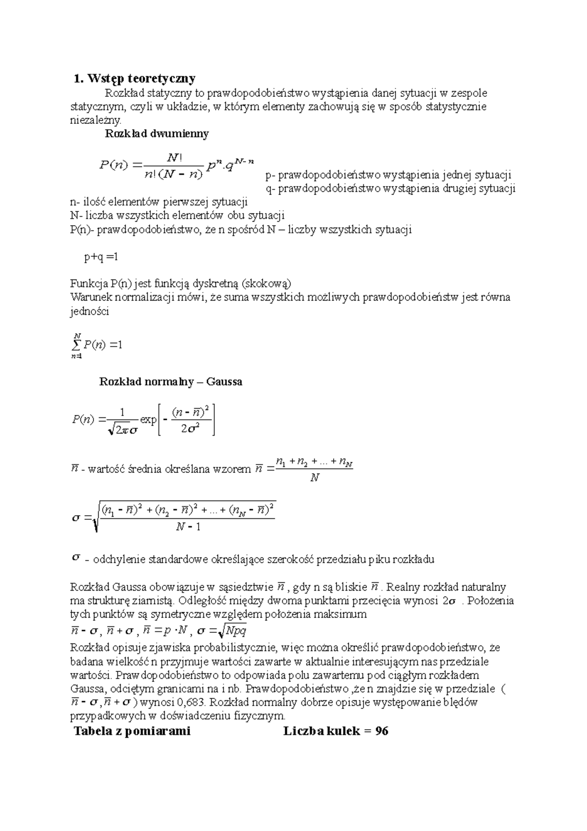 Laboratorium Fizyki 1: Rozkład Statystyczny i Normalny Gaussa - Studocu