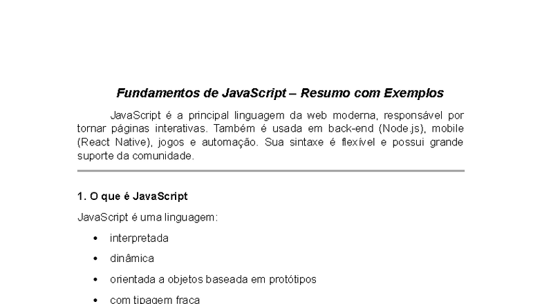 Fundamentos de JavaScript: Resumo e Exemplos Práticos - Studocu