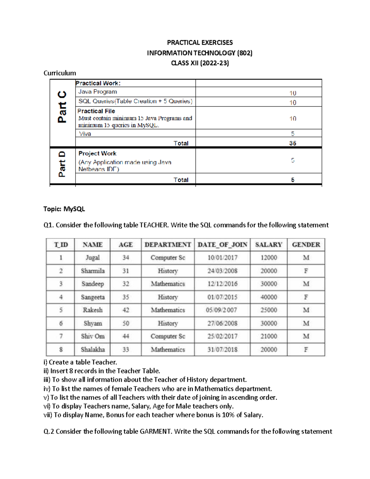 Practical questions - PRACTICAL EXERCISES INFORMATION TECHNOLOGY (802) CLASS XII (2022-23) - Studocu