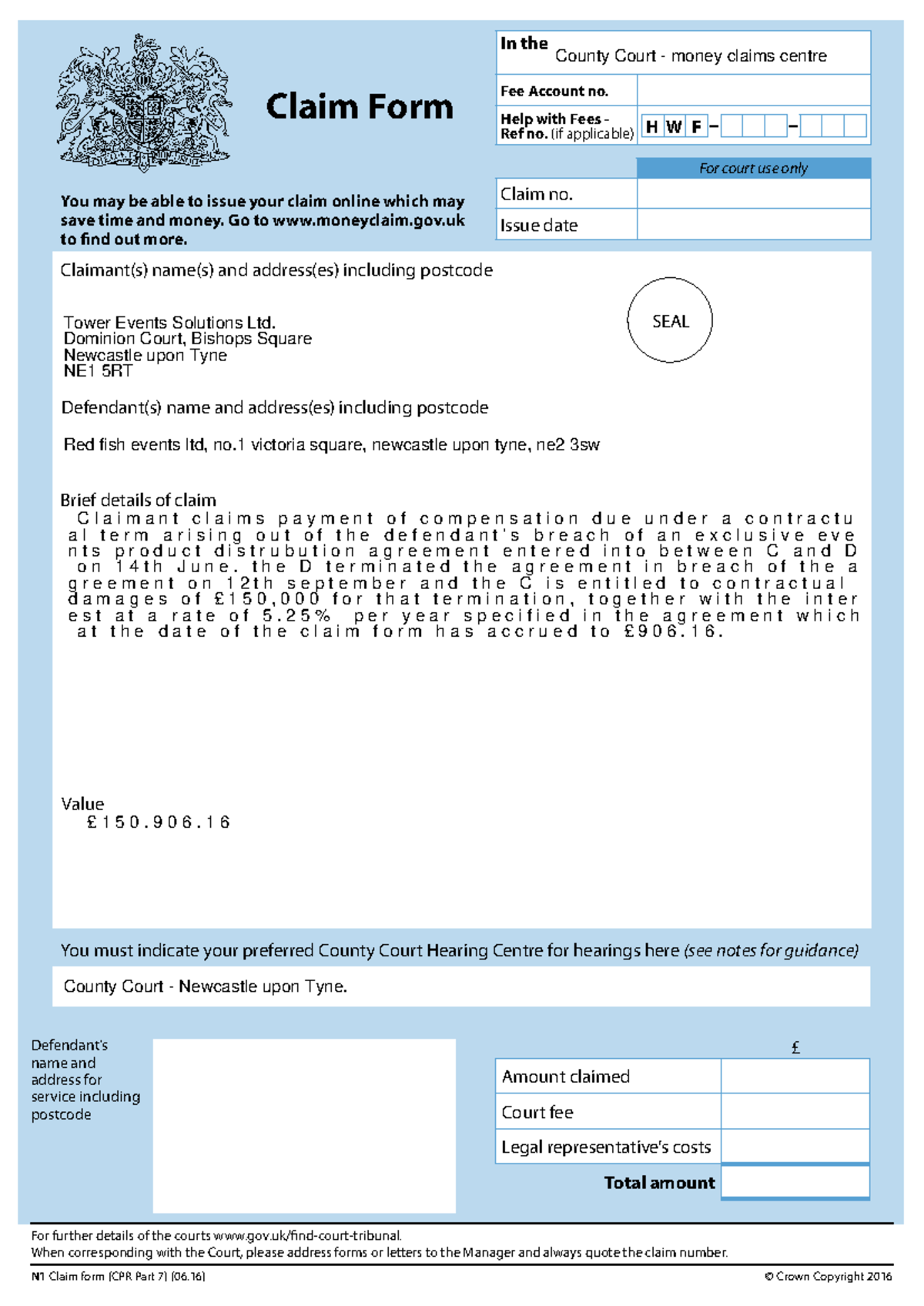 Claim FORM - civil dispute resolution - N1 Claim form (CPR Part 7) (06 ...