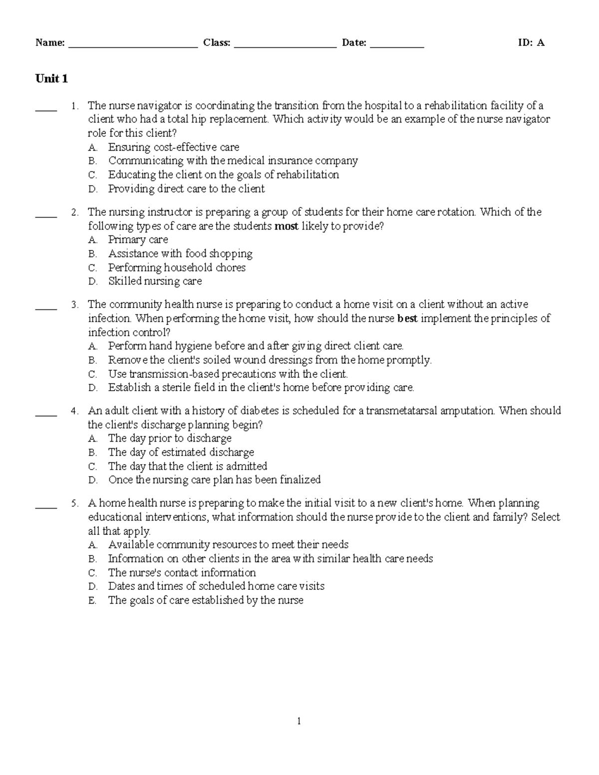 Unit 1 Nursing Care Questions for Home Health & Rehabilitation - Studocu