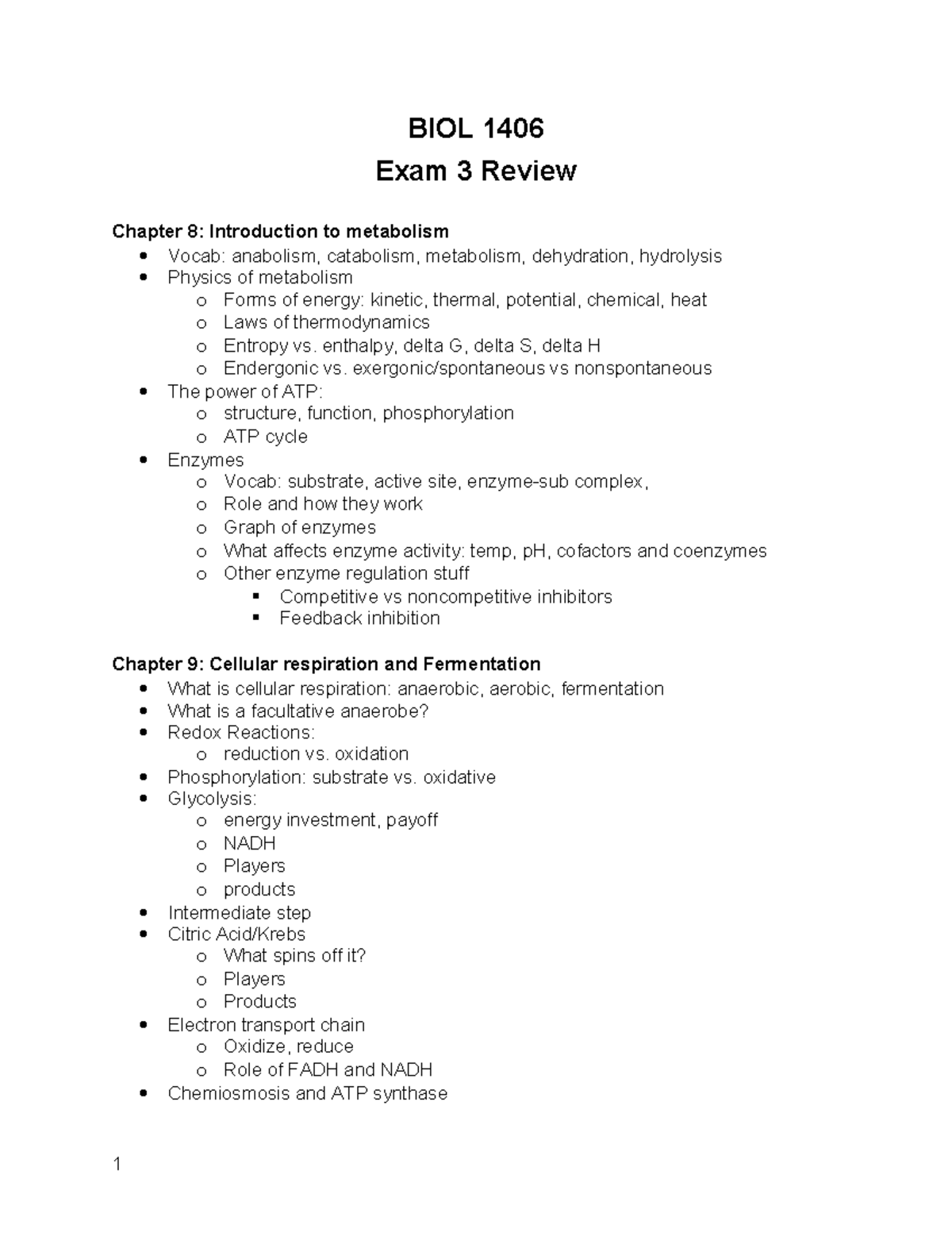 BIOL 1406 Exam 3 Review: Metabolism, Cellular Respiration ...