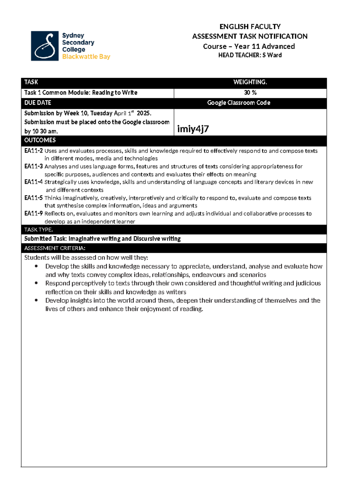 11 advanced task 1 2025 Common Module - ENGLISH FACULTY ASSESSMENT TASK ...