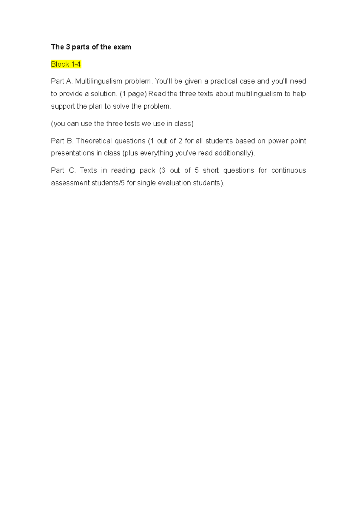 The 3 parts of the exam - wbfkjqe - The 3 parts of the exam Block 1 ...