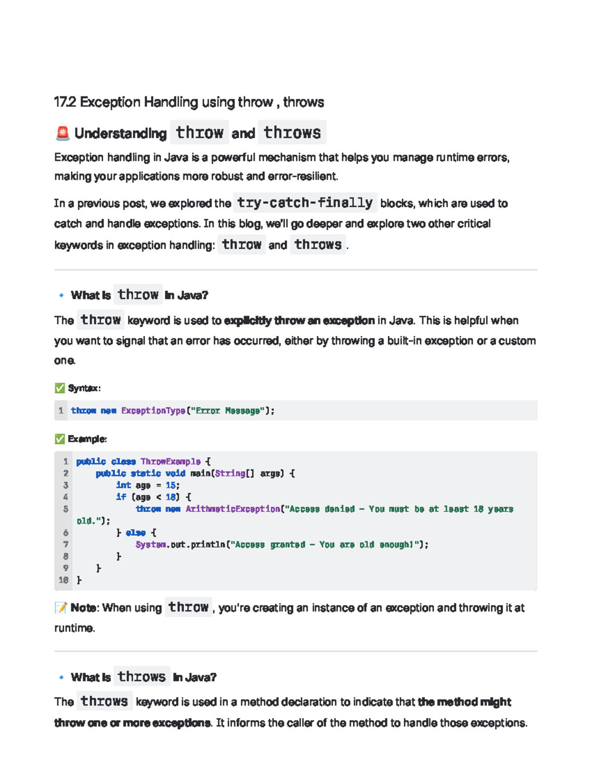 17.2 Java Exception Handling: Understanding throw and throws - Studocu