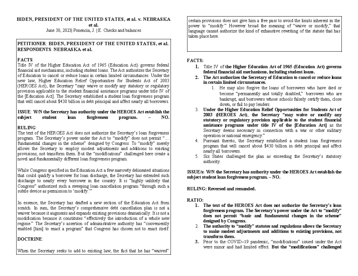 Biden v. Nebraska: Ruling on HEROES Act Authority for Loan Forgiveness ...