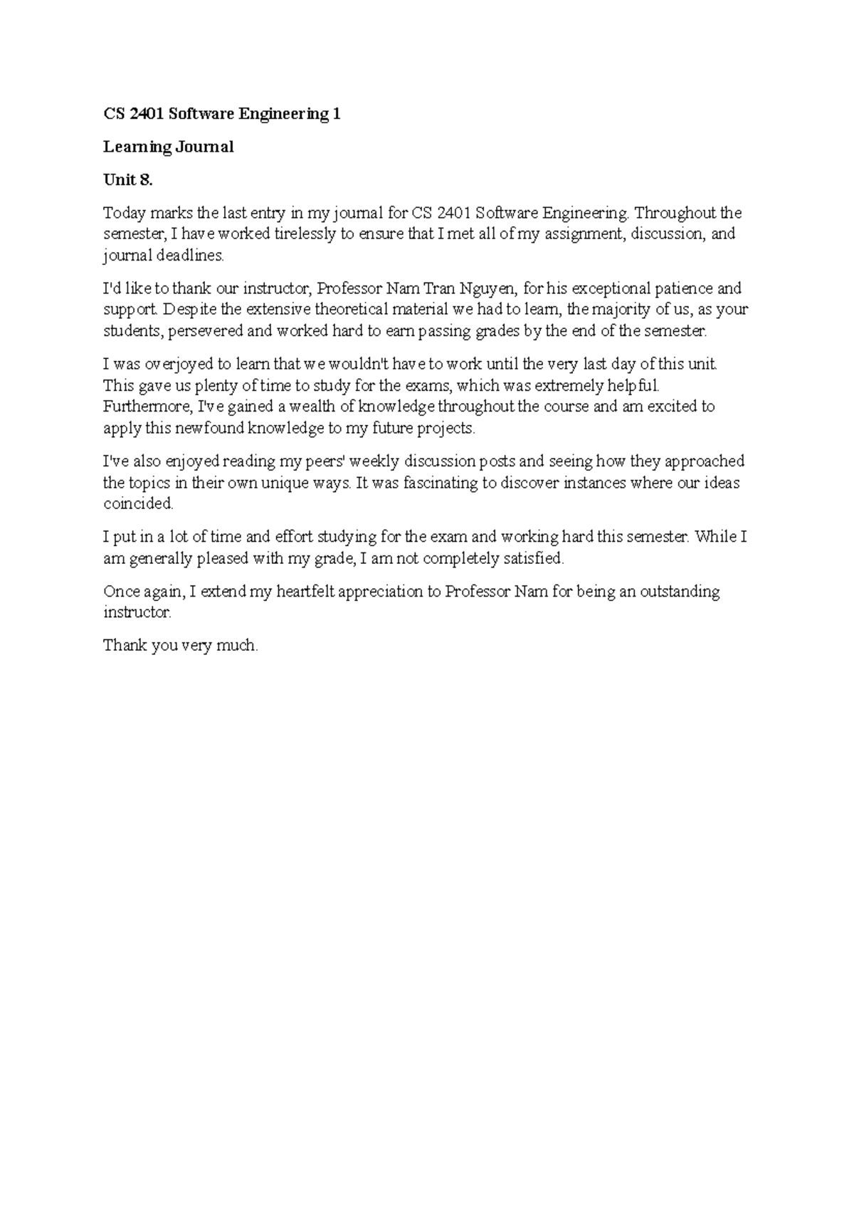 CS 2401 Learning Journal unit 8 - CS 2401 Software Engineering 1 ...