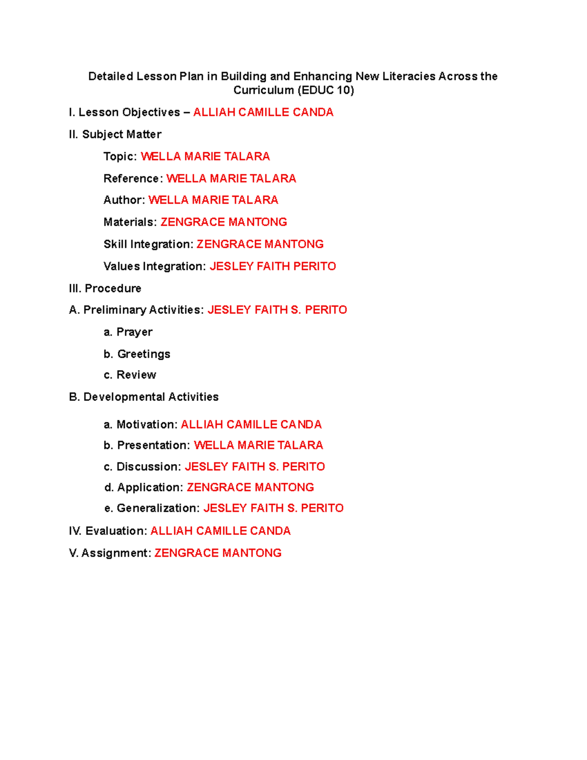 Detailed Lesson Plan Outline for EDUC 10: New Literacies - Studocu
