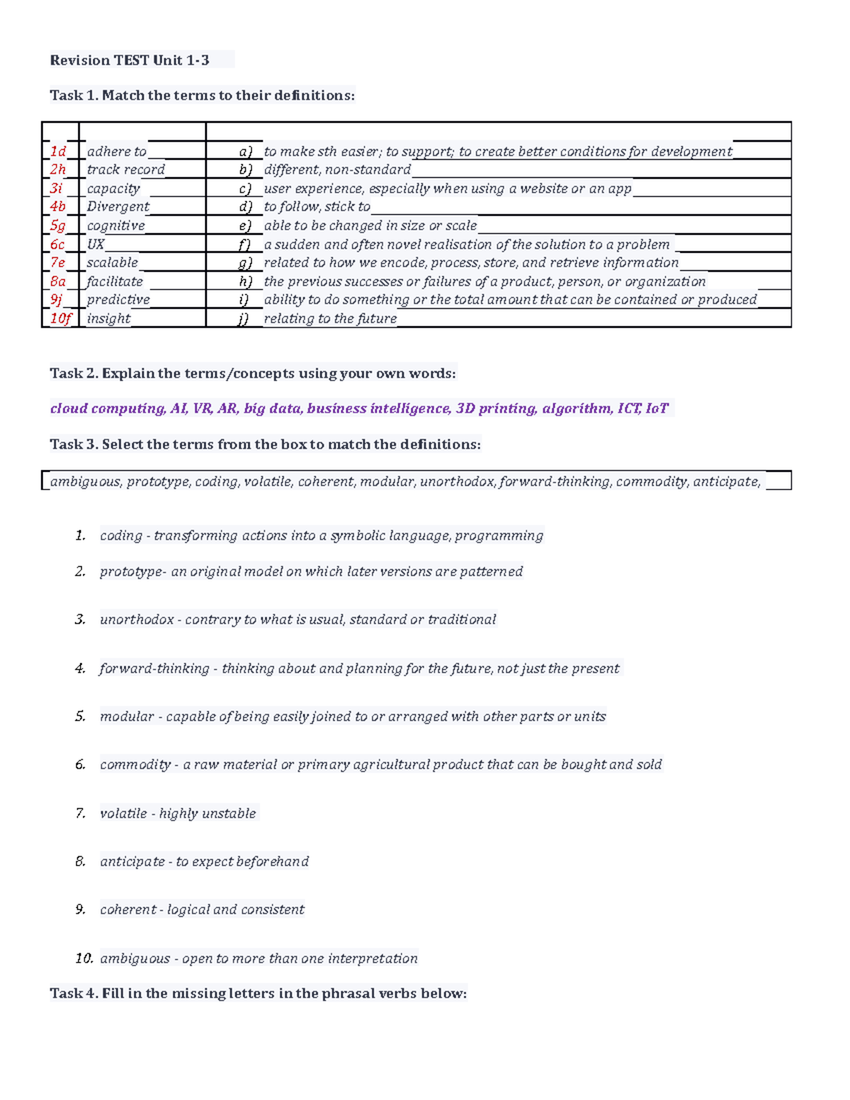 Answer Key Revision Units 1-3 - Revision TEST Unit 1- Task 1. Match the ...