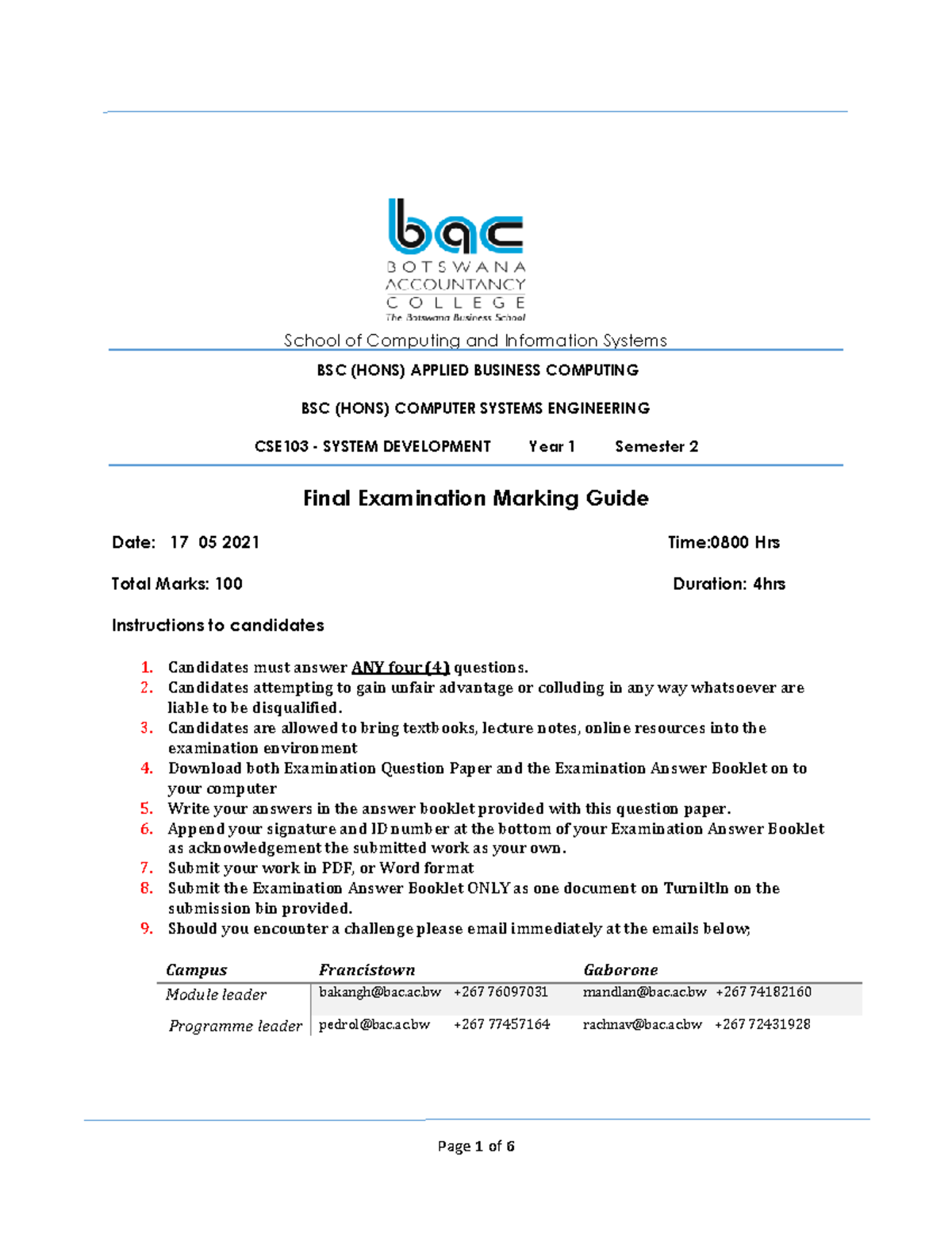 CSE103 Final Exam Marking Guide - System Development 2021 - Studocu