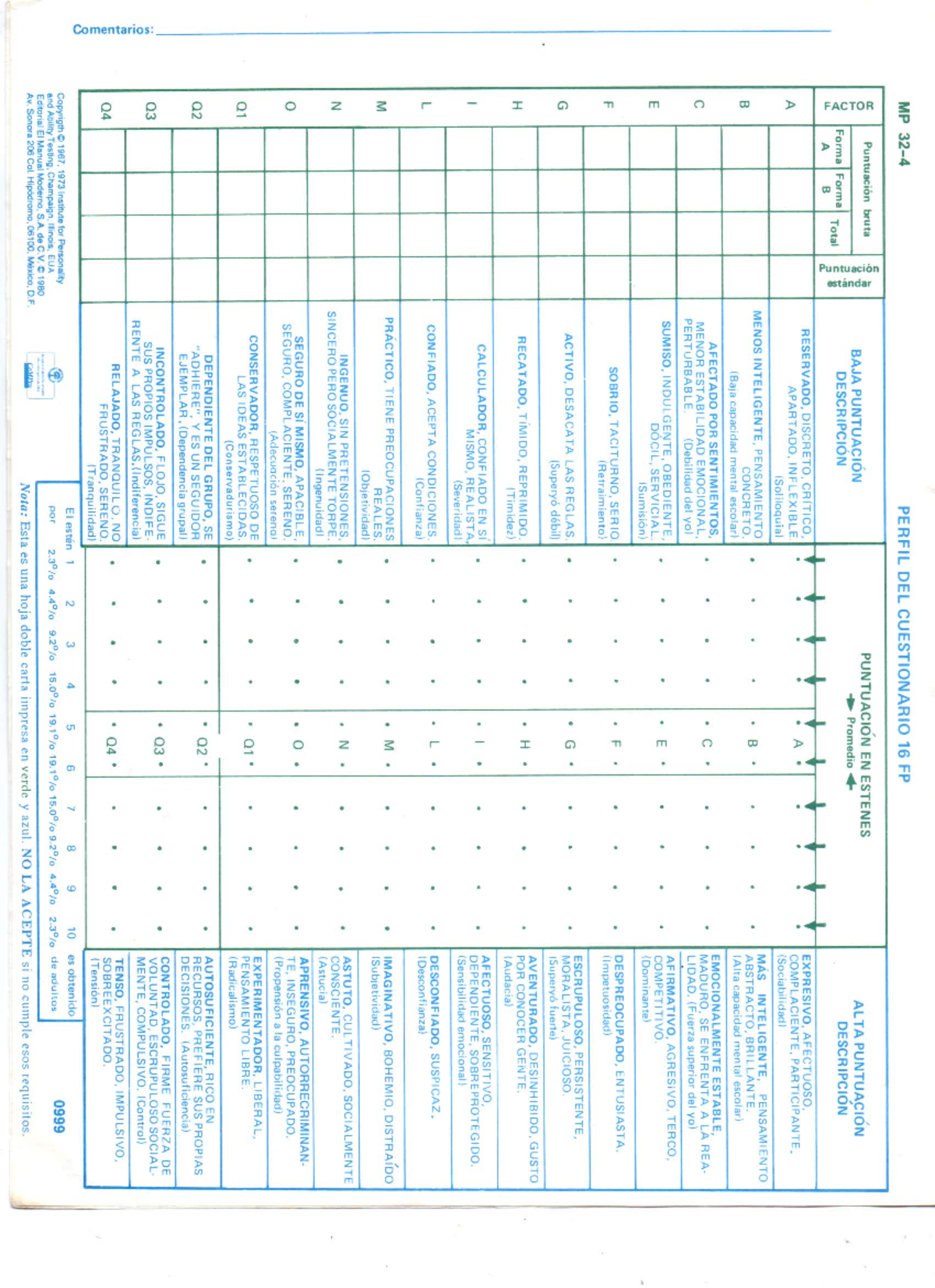 Perfil 16 FP - MP PERFIL DEL CUESTIONARIO 16 FP Puntuación bruta Protectión BAJA PUNTUACIÓN ...