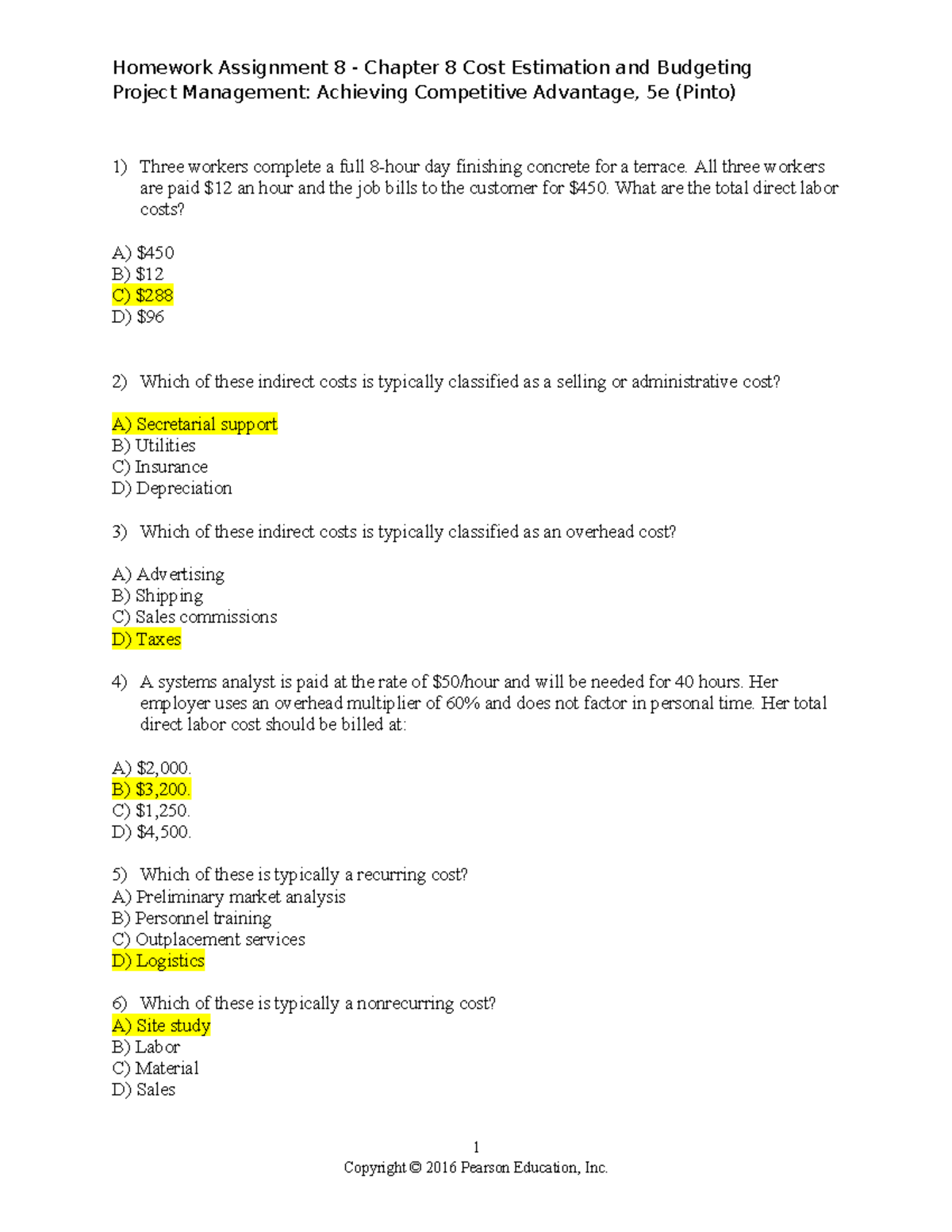 Homework Assignment 8: Cost Estimation & Budgeting (Project Management ...