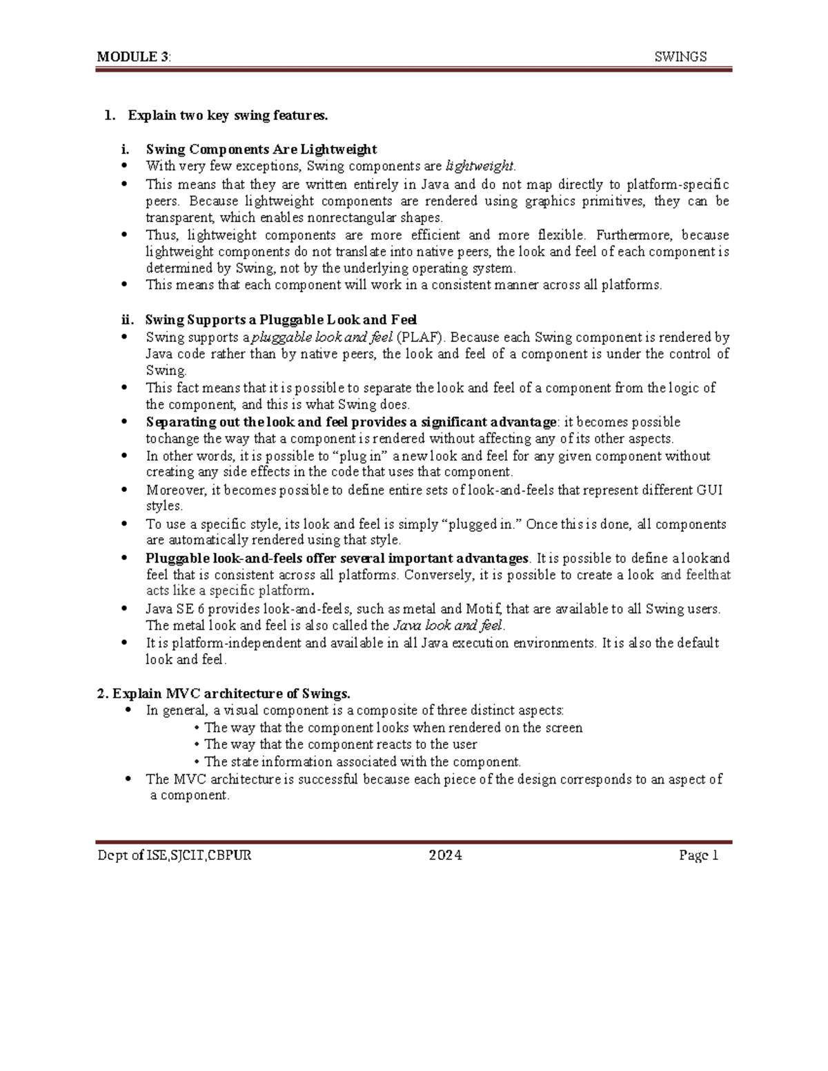 MODULE 3: SWINGS - Key Features, MVC Architecture, and Components (BIS402) - Studocu