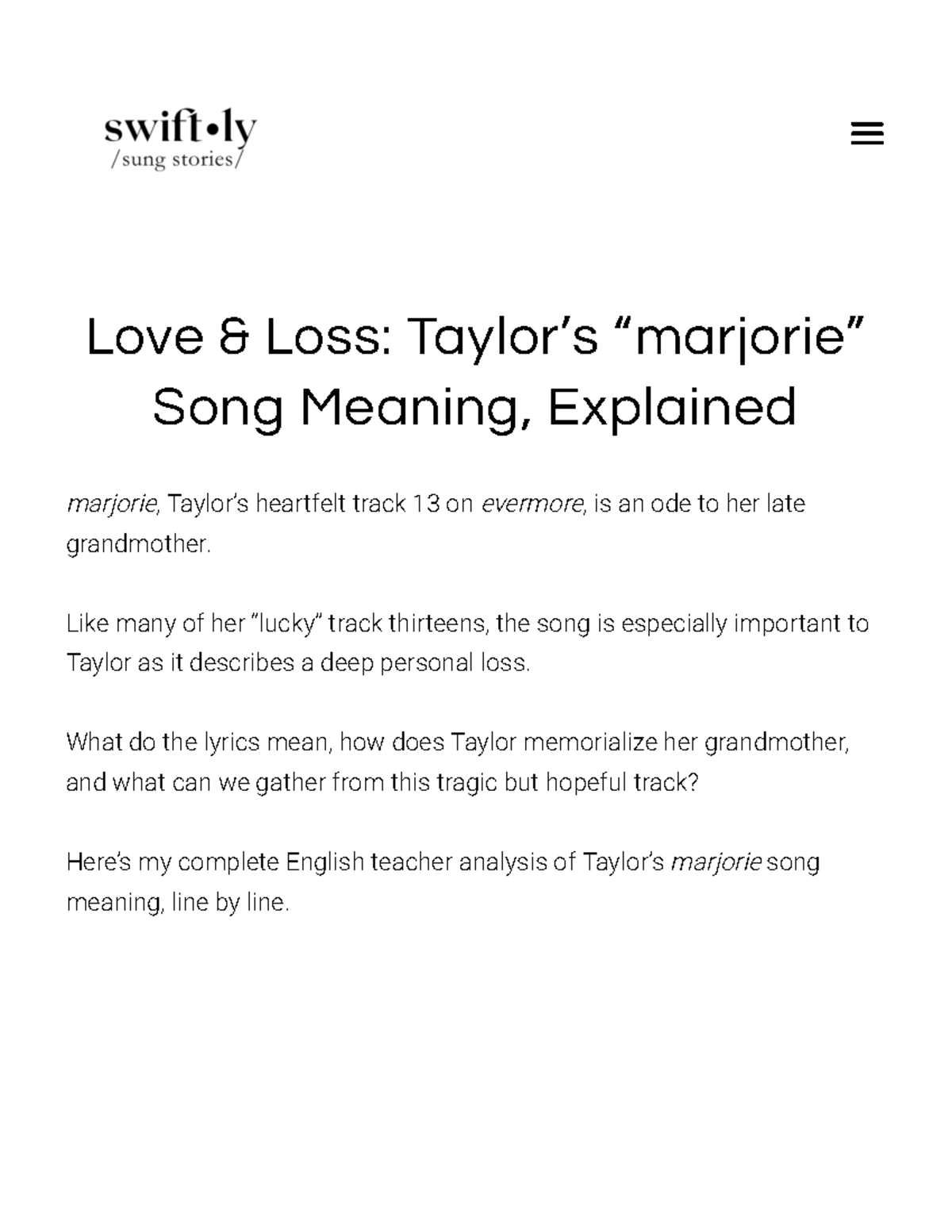Love & Loss: Analyzing Taylor Swift's "marjorie" (Evermore) - Studocu