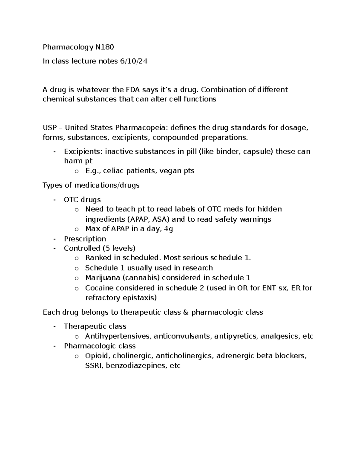 Lecture Notes on Pharmacology: Key Concepts and Drug Classifications ...