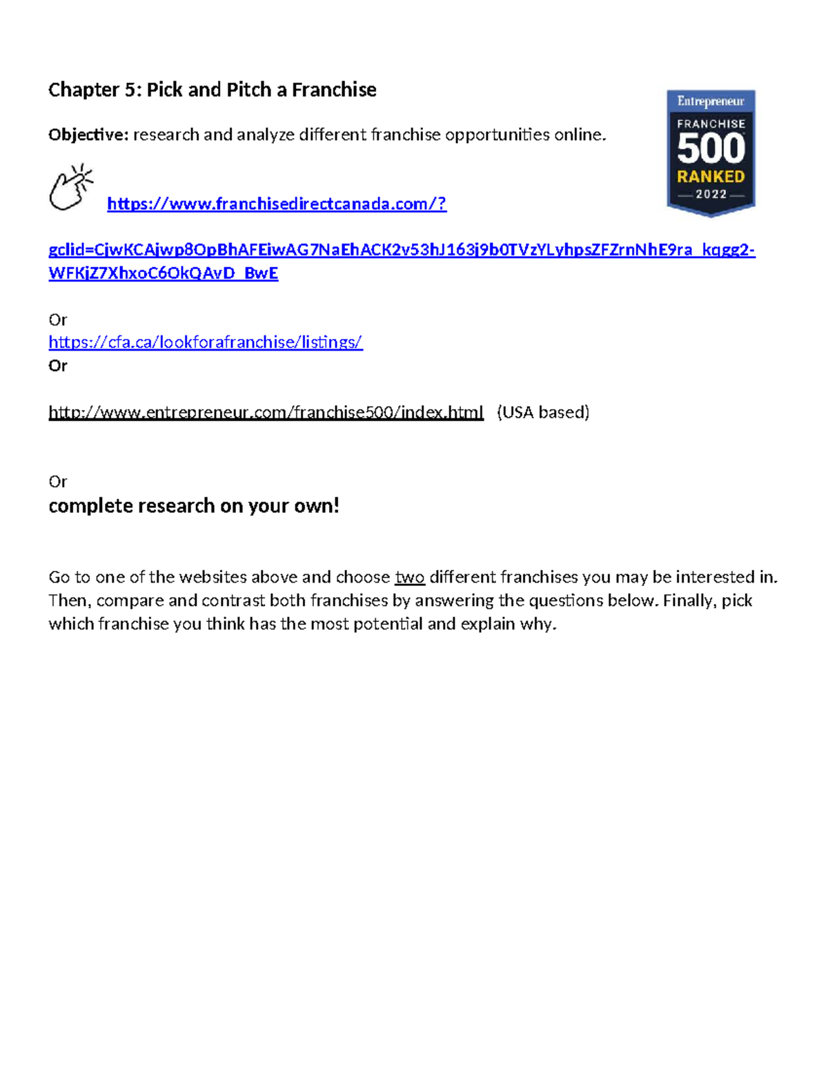 Chapter 5: Pick and Pitch a Franchise Analysis (Course Code: FRN-101 ...