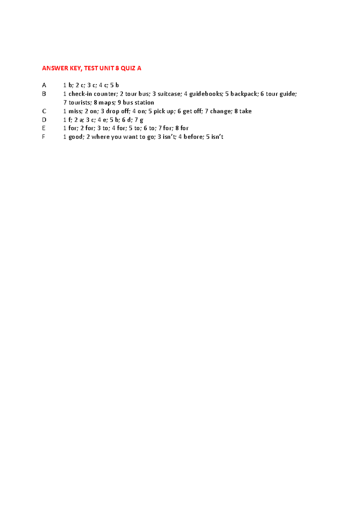 Evolve L2 Unit 8 Quiz A Answer Key - English - ANSWER KEY, TEST UNIT 8 ...
