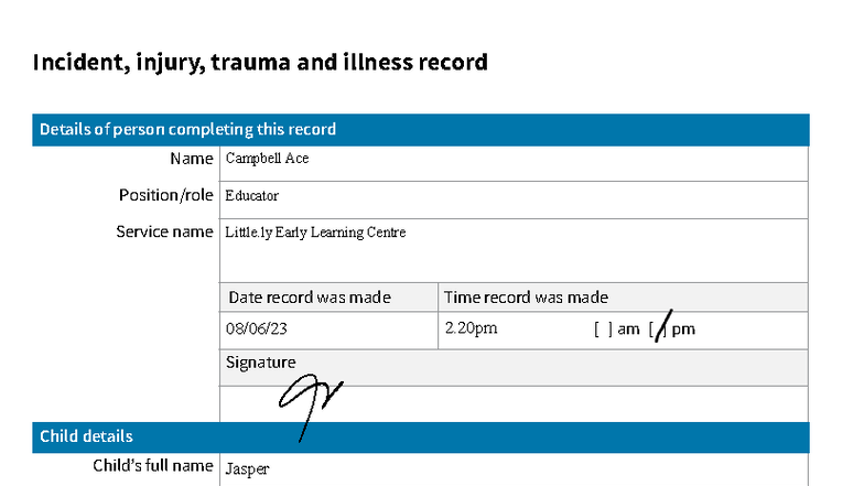 Jasper Incident, Injury, Trauma & Illness Record - Final Version - Studocu