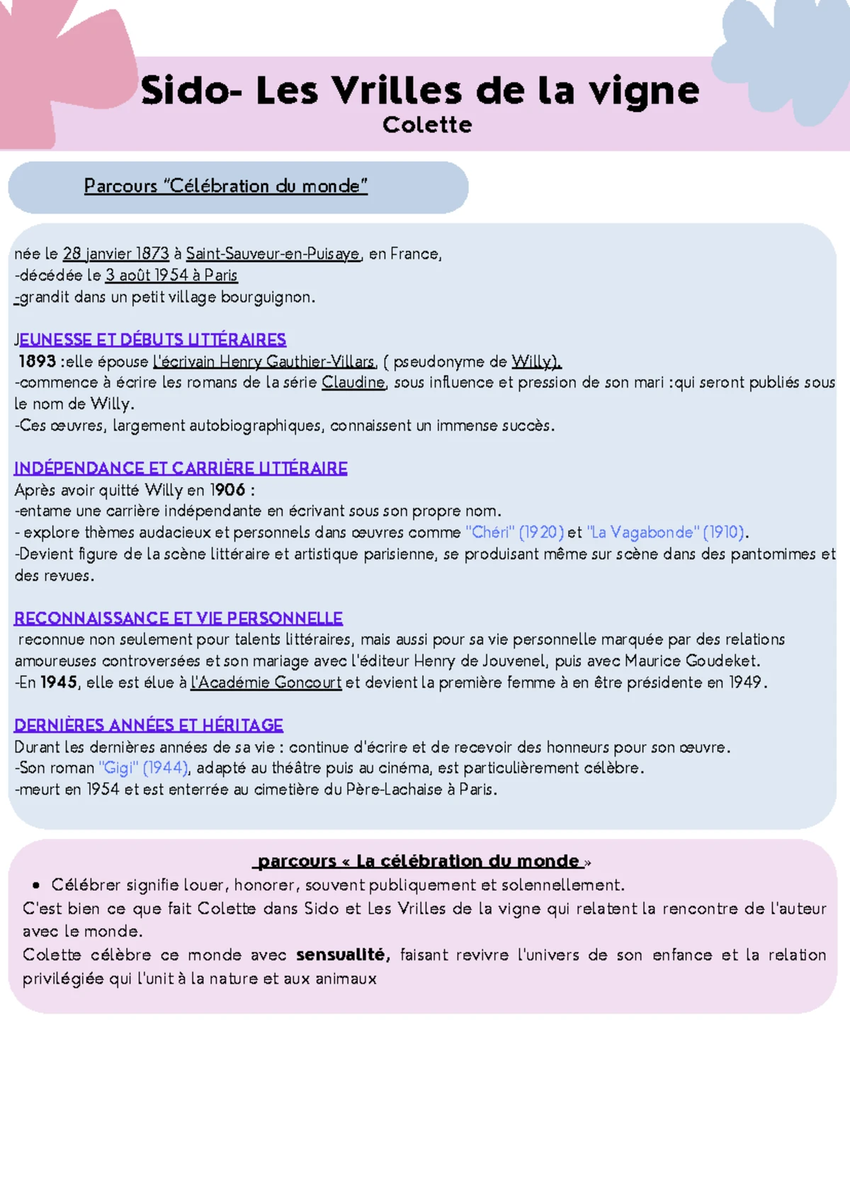 Étude sur Colette : Sido et Les Vrilles de la vigne - Analyse ...