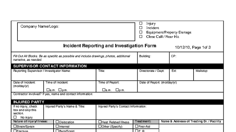 Construction Incident Investigation Report Template: Damage Call Form ...