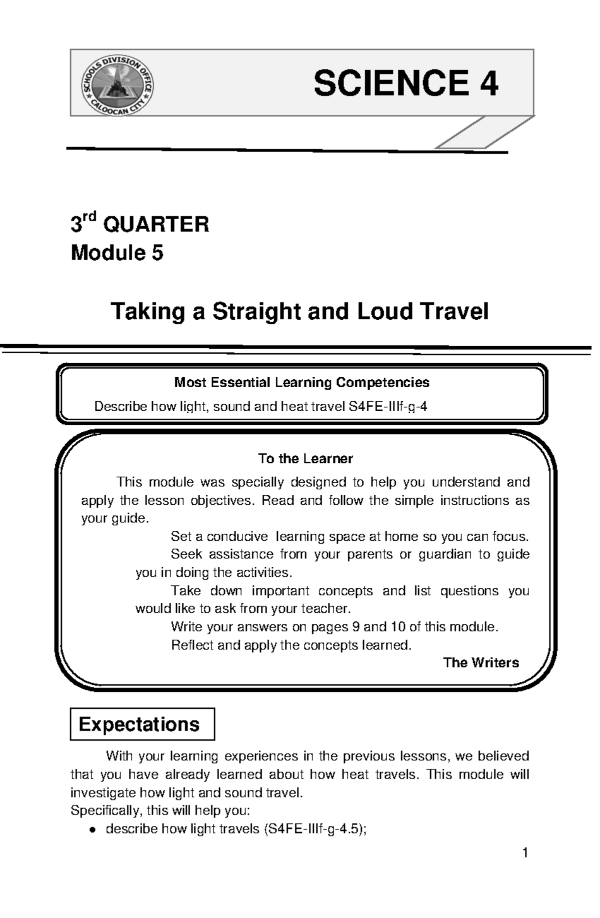 Science 4 Q3 Week 5 - 3 rd QUARTER Module 5 Taking a Straight and Loud ...