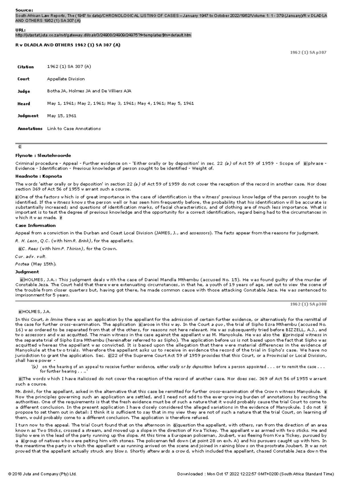 Case Study: R v Dladla and Others 1962 (1) SA 307 (A) Analysis - Studocu