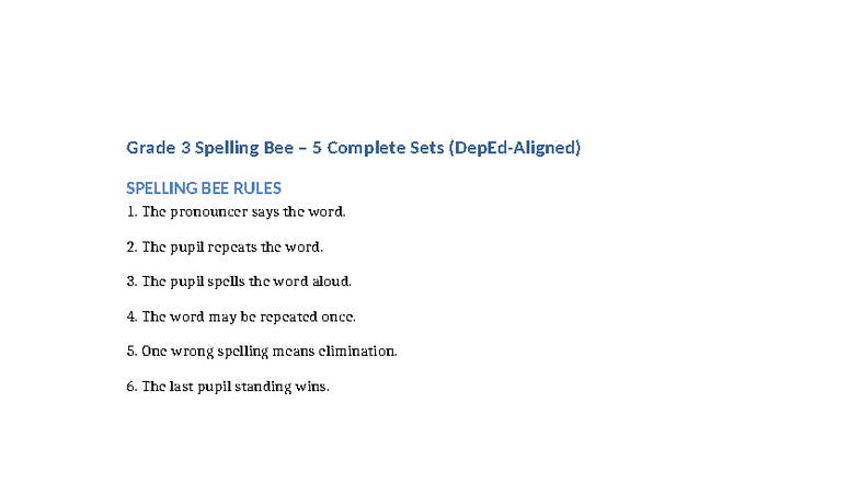 Grade 3 Spelling Bee: 5 Complete Sets of Words and Rules - Studocu