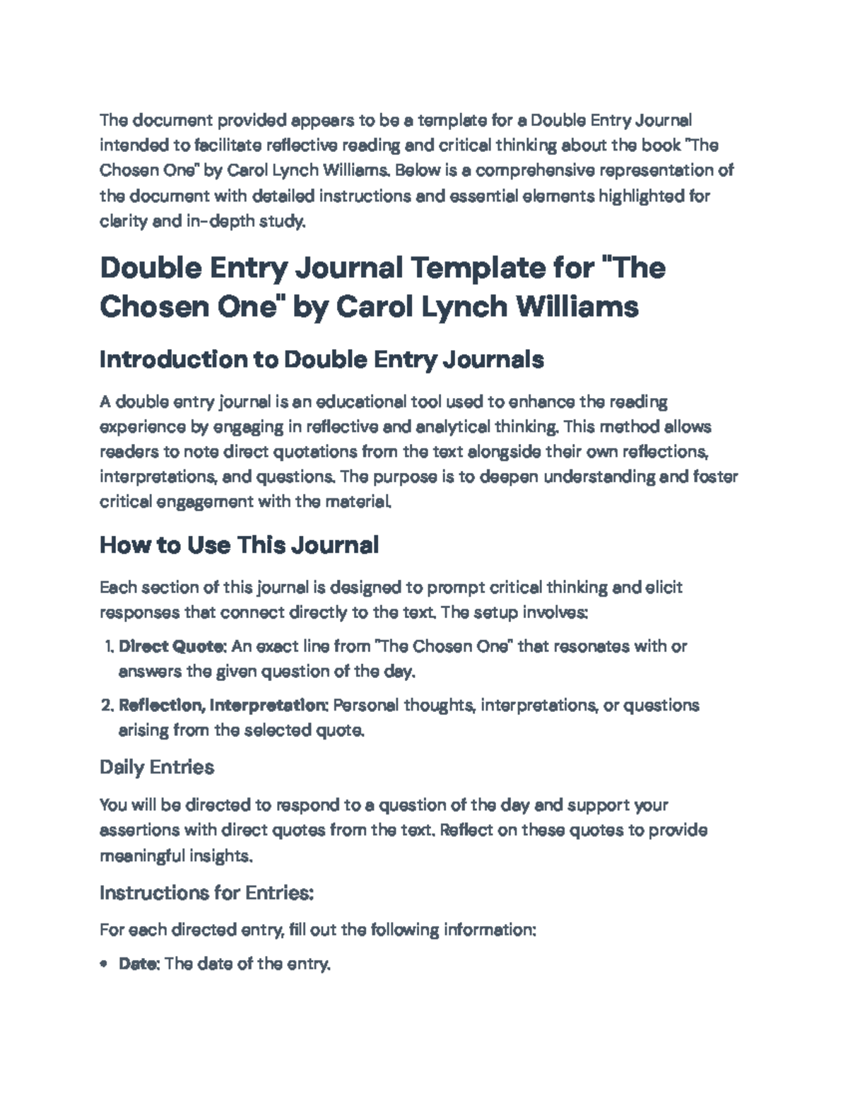 Double Entry Journal Template for "The Chosen One" by CL Williams - The ...