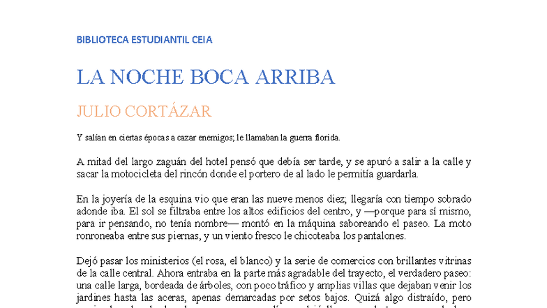LA Noche Boca Arriba - Análisis y Reflexiones sobre Cortázar - Studocu