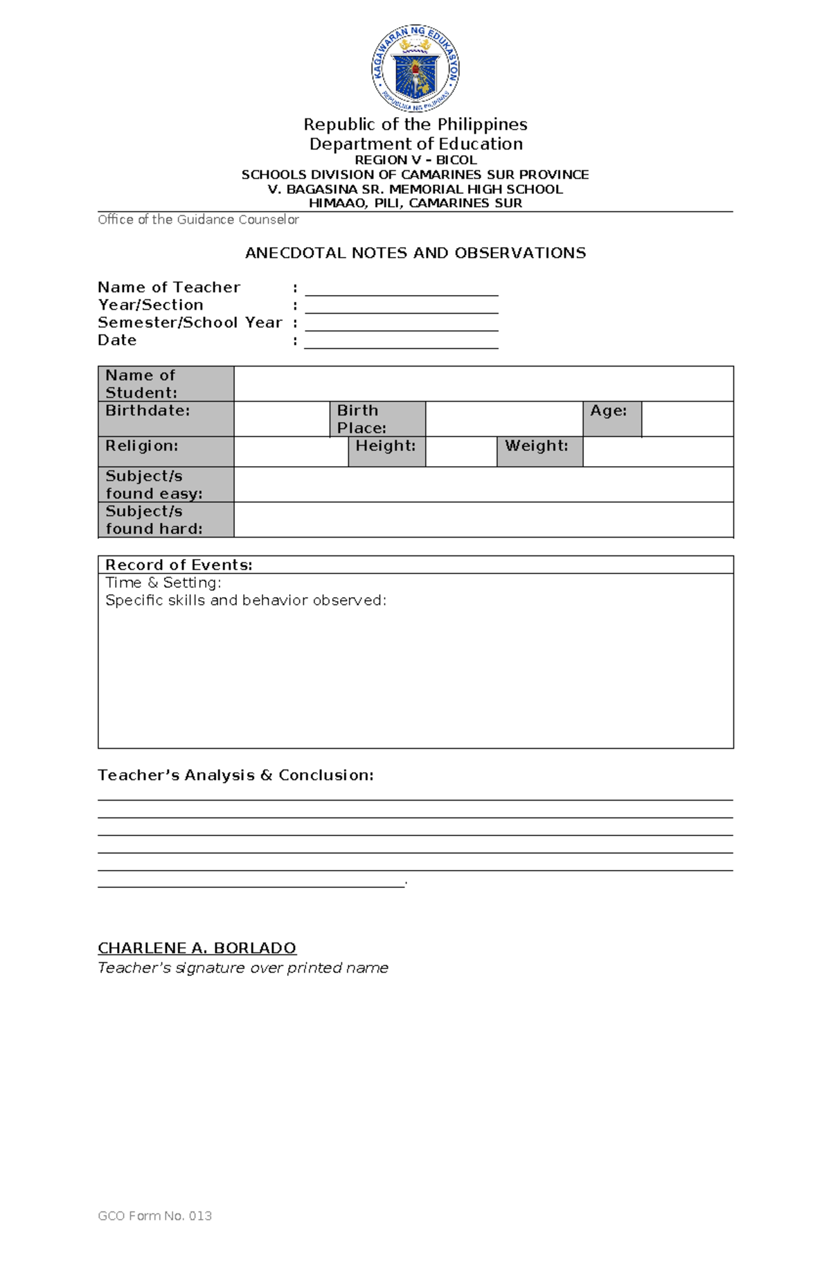 Anecdotal Notes AND Observations 1 - Republic of the Philippines ...