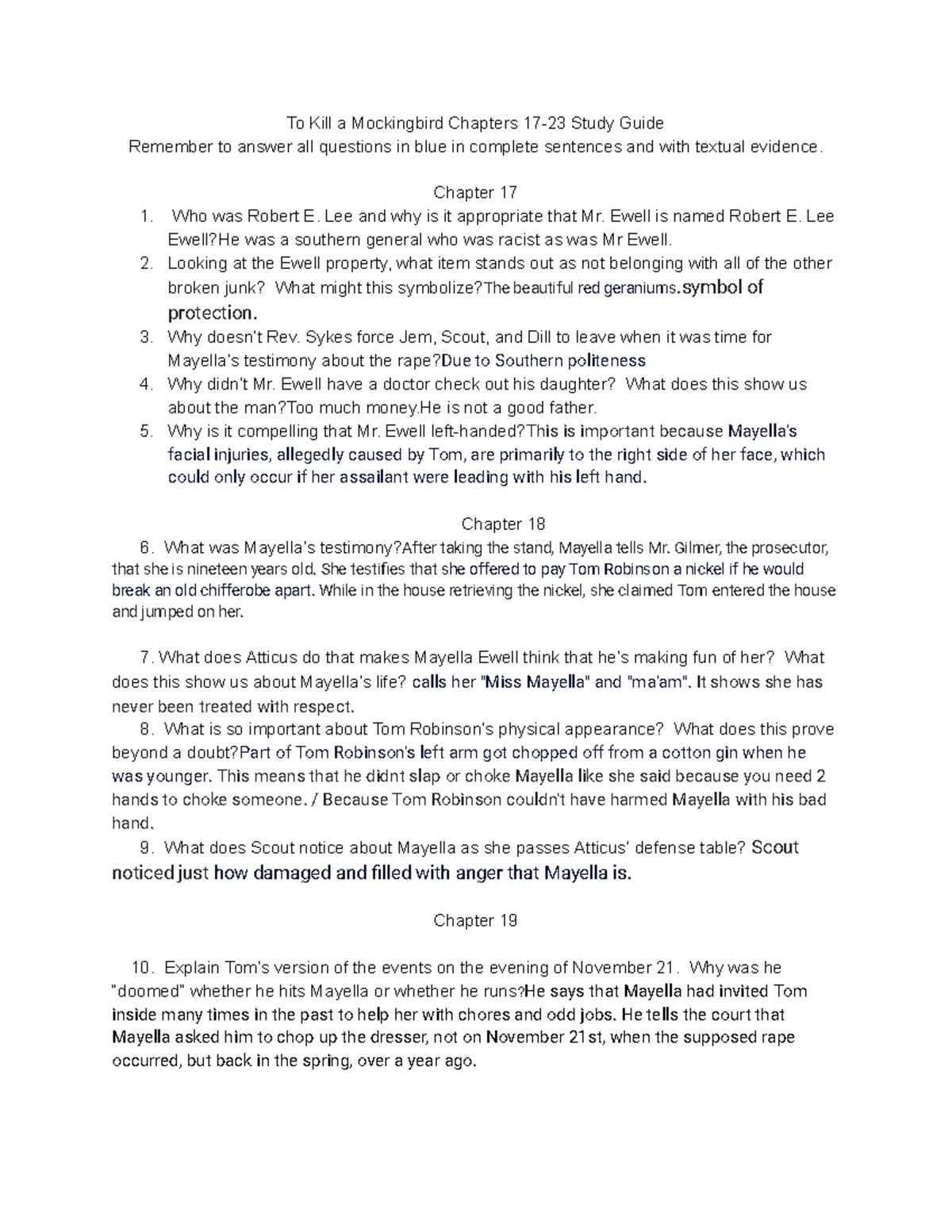 Liam Keymer - To Kill a Mockingbird Chapters 17-23 Study Guide - To ...