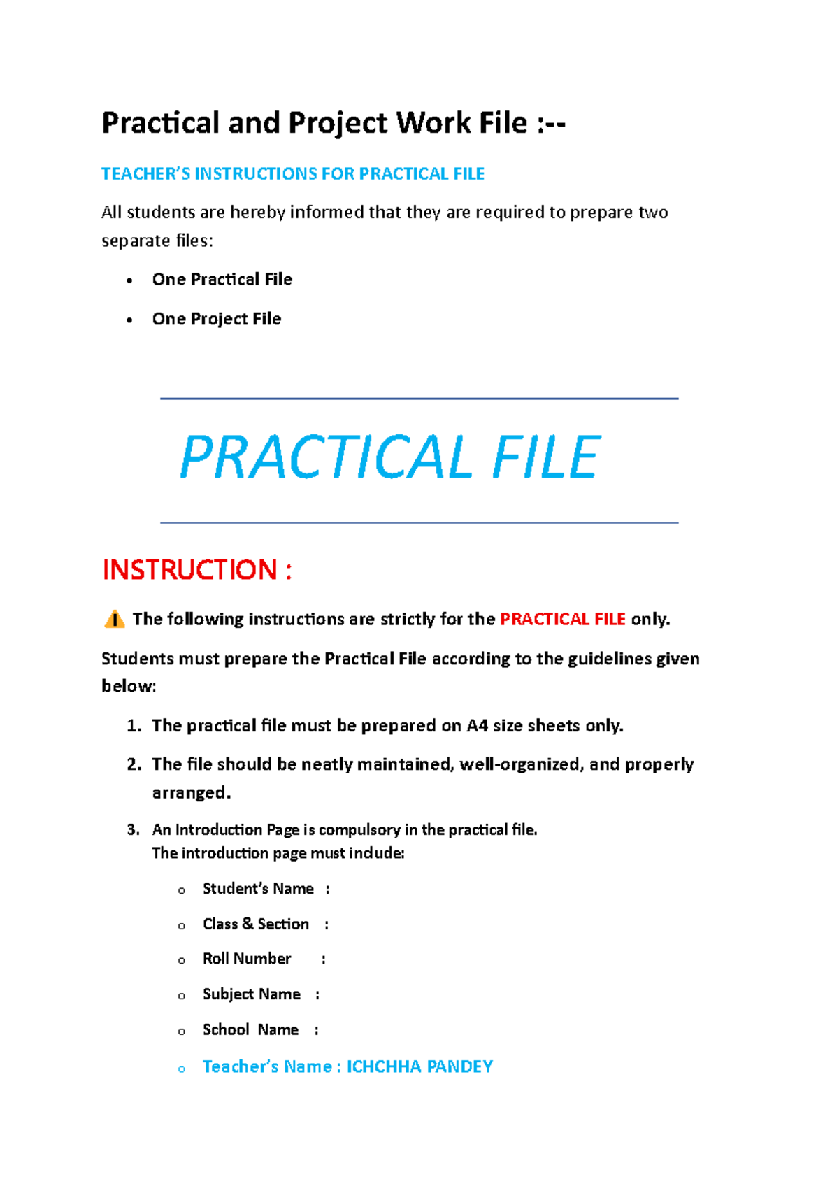 Holidaywork - Very - Practical and Project Work File :- TEACHER’S ...
