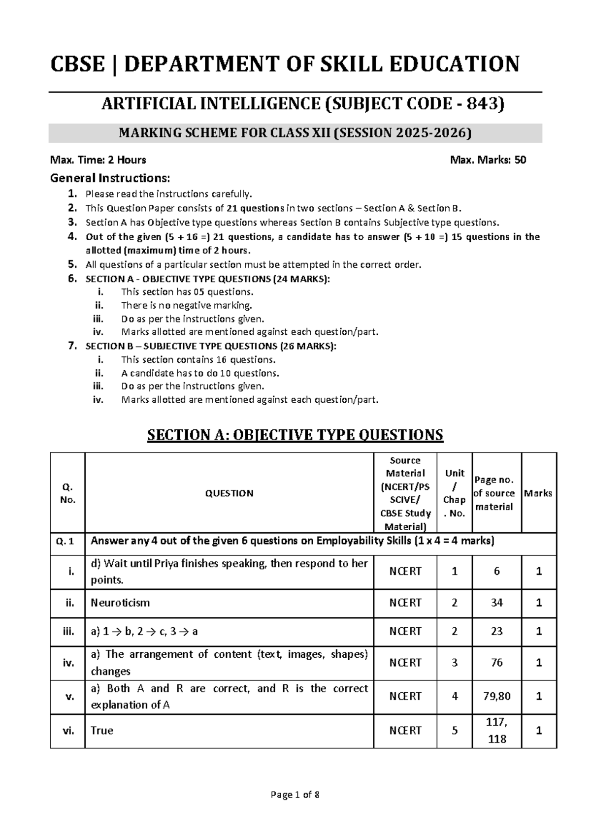 CBSE AI (843) Class XII Marking Scheme for Final Exam - Studocu