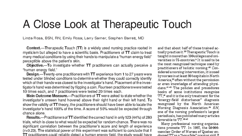 A Close Look at Therapeutic Touch: Evidence and Implications (NURS 101 ...