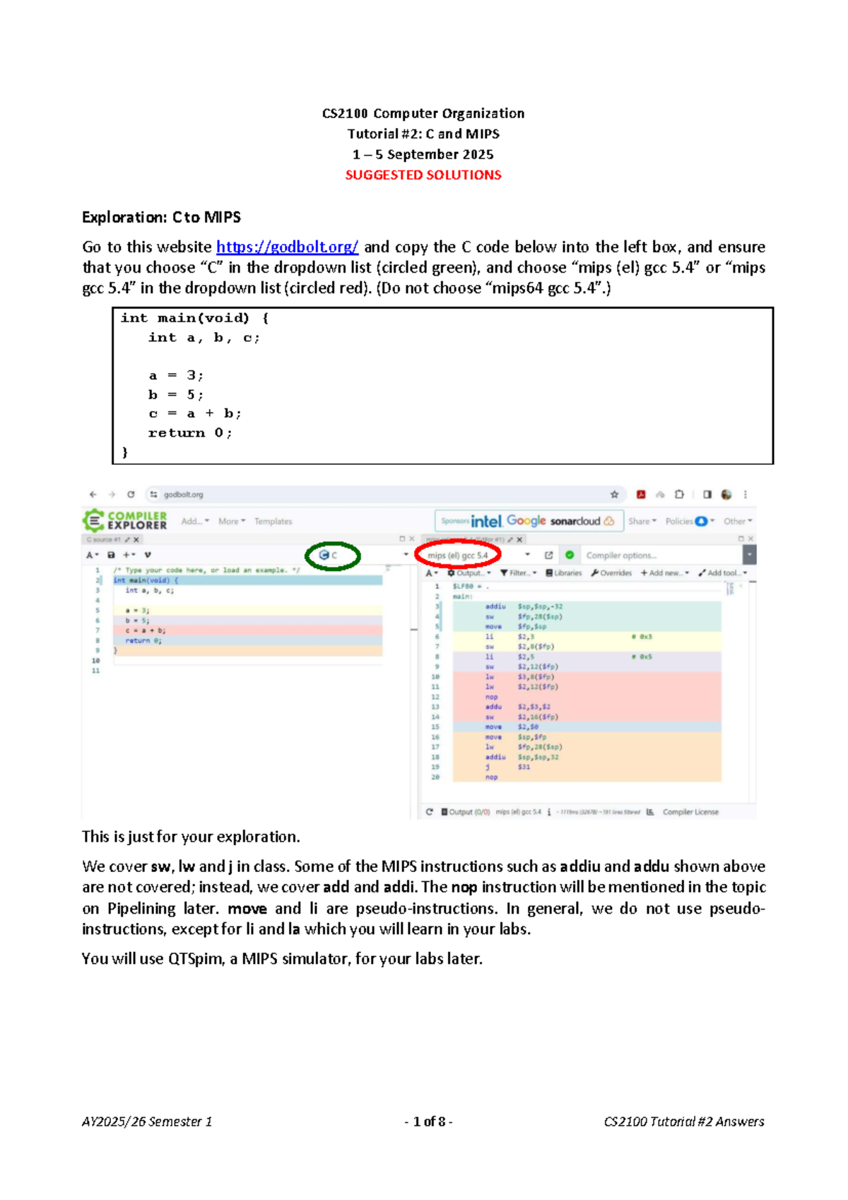 CS2100 Computer Organization Tutorial 2 Answers: C to MIPS Solutions ...