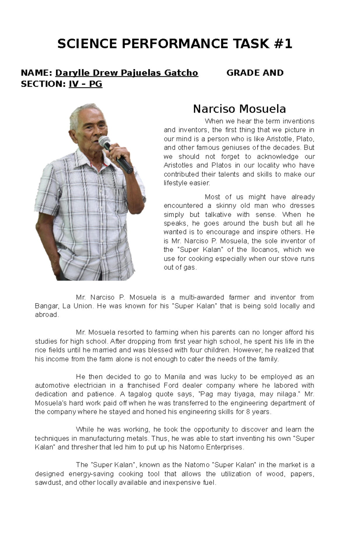 Narciso Mosuela: Innovator of the Natomo Super Kalan and More - Studocu