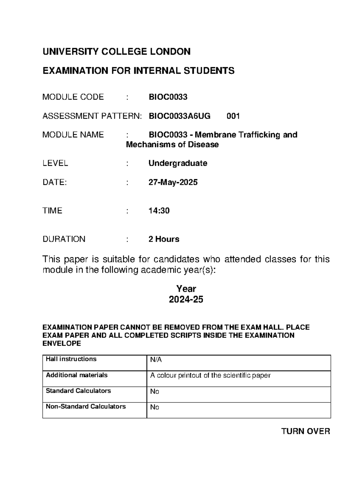 BIOC0033A6UG - Membrane Trafficking & Disease Mechanisms Past Exam ...