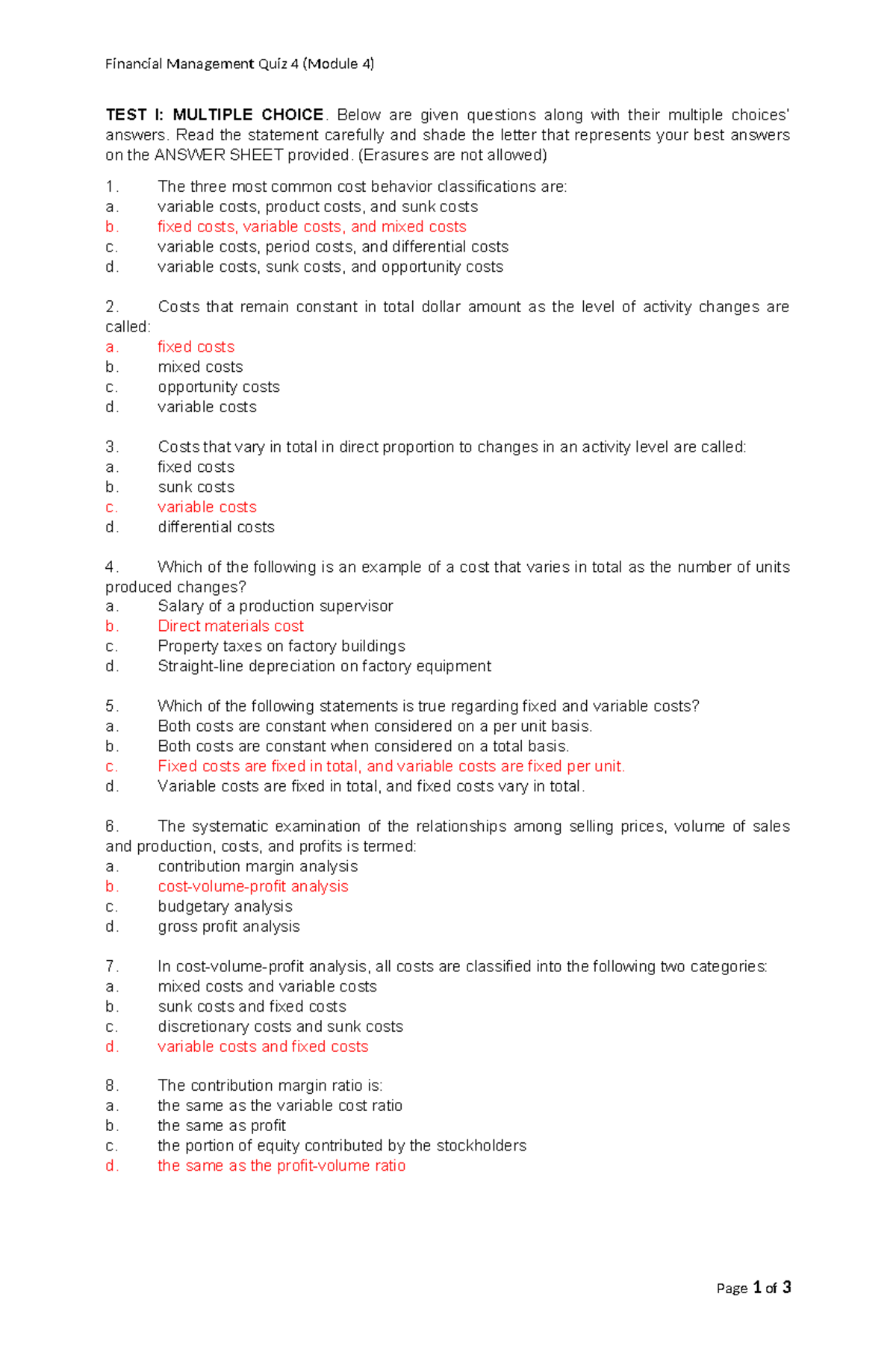 Financial Management Quiz 4 (Module 4) - Answer Key - Studocu