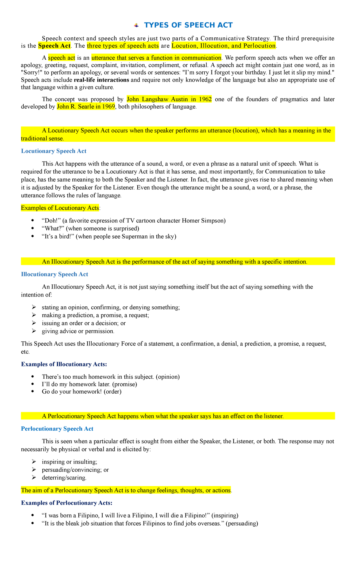 Types OF Speech ACT - For additional notes - TYPES OF SPEECH ACT Speech ...