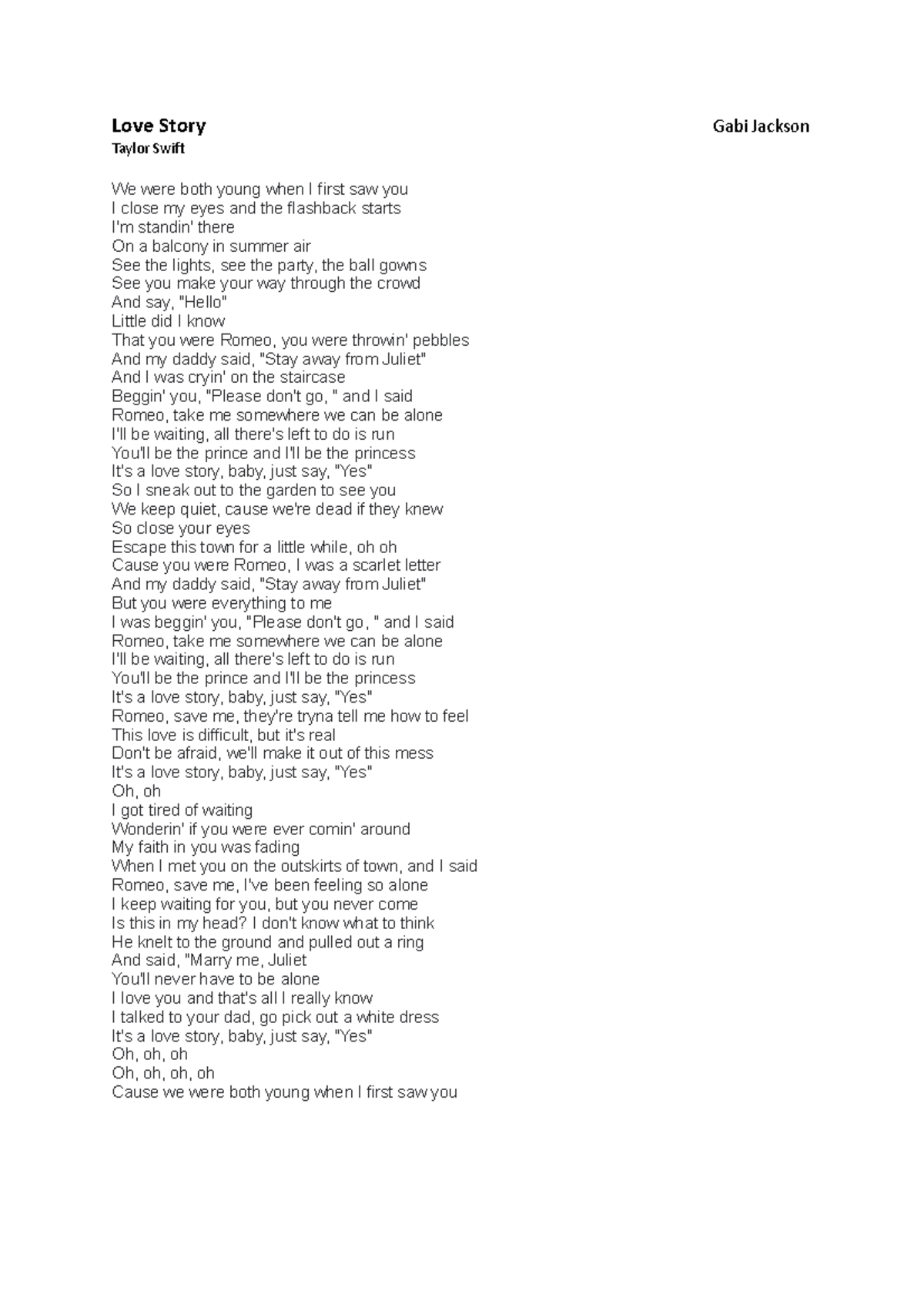 Poetry intro - song Gabi Jackson - Love Story Gabi Jackson Taylor Swift ...