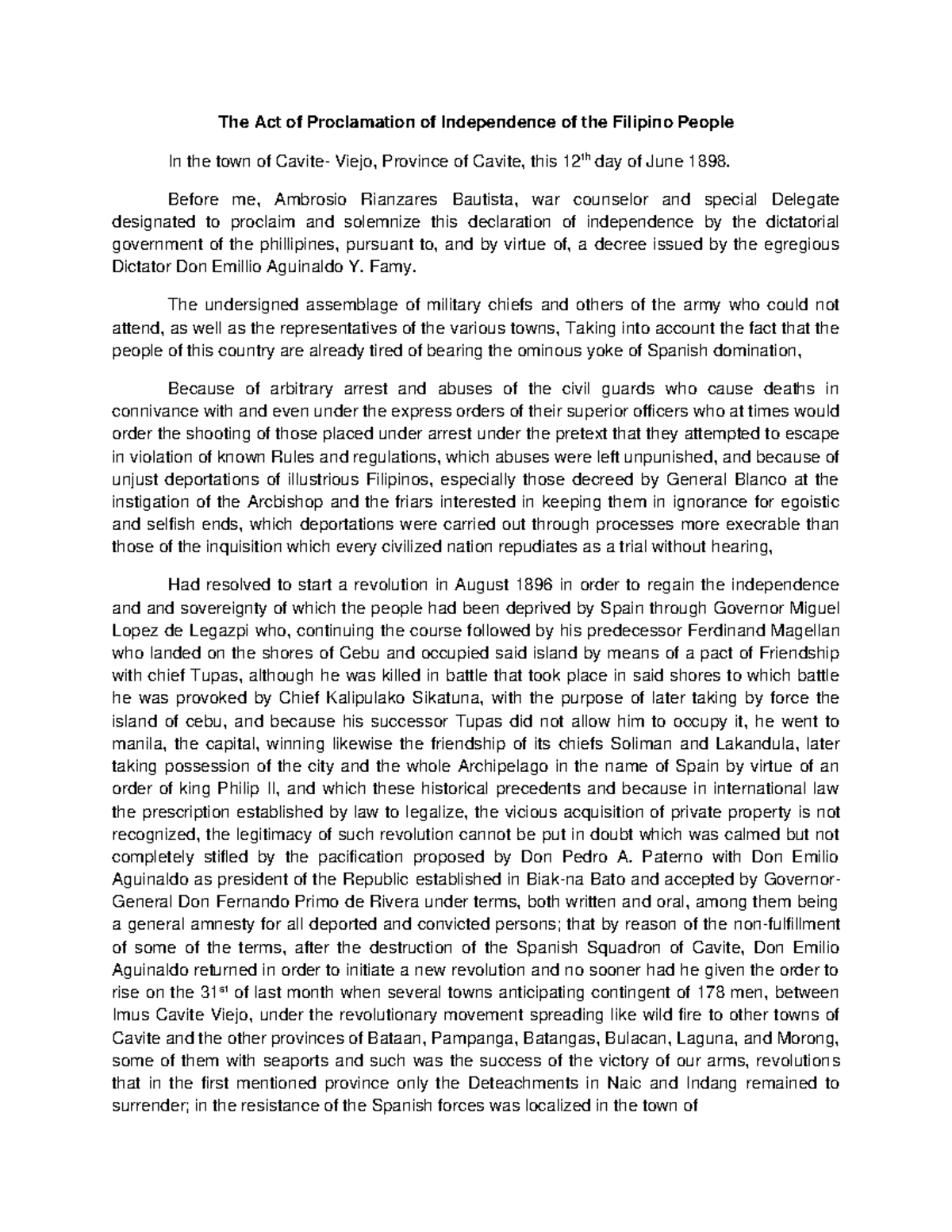 Proclamation of Independence: Document of Filipino Sovereignty 1898 ...