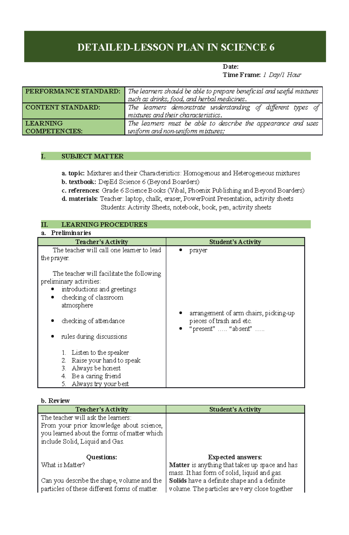 Detailed Lesson Plan on Mixtures in Science 6 - Studocu