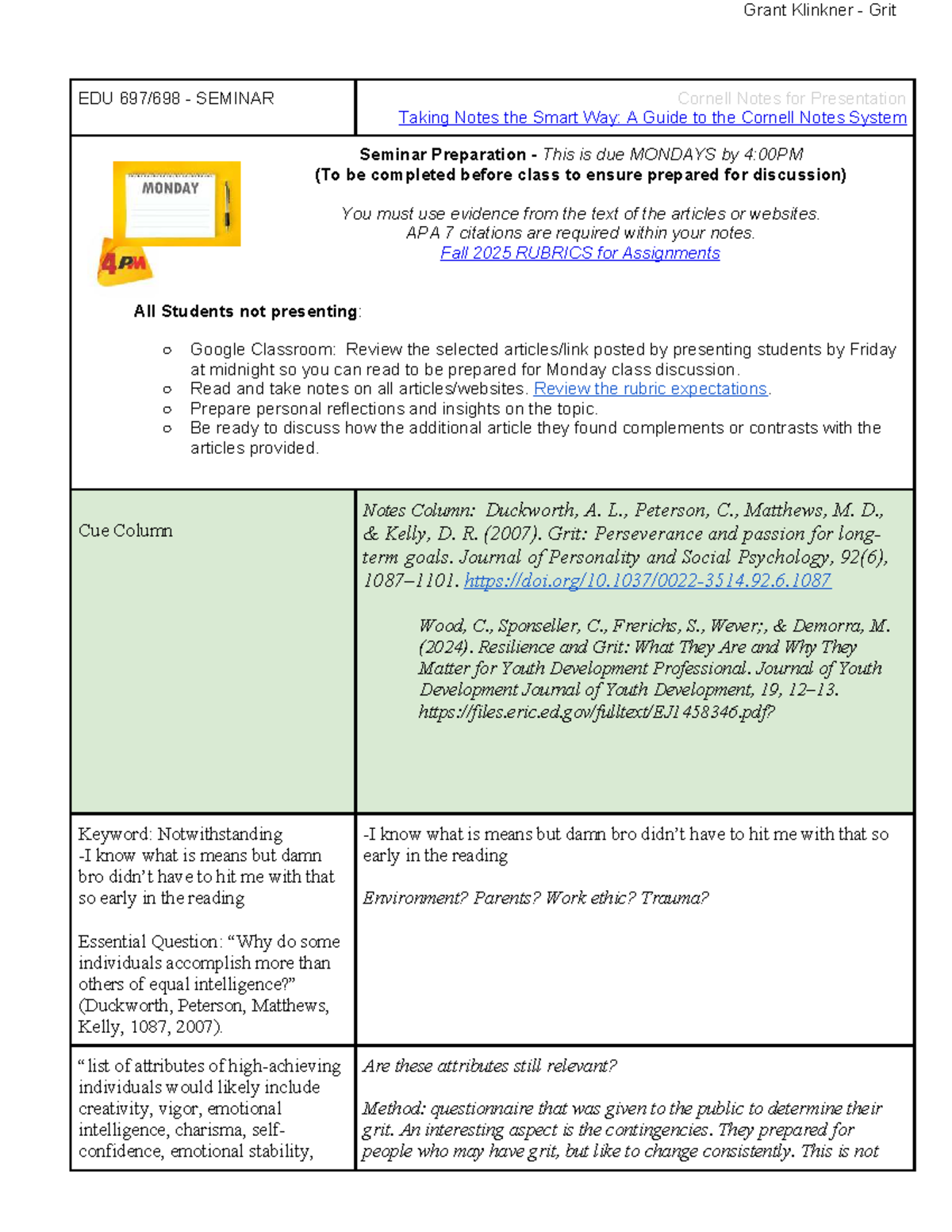 Cornell Notes for Grit EDU SEMINAR (Fall 2025) - Presentation Prep ...