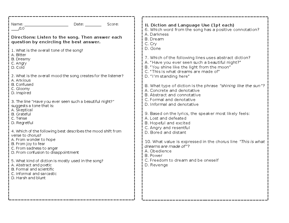 1.3. QUIZ - Analyzing Diction, Tone, and Mood in Songs - Studocu