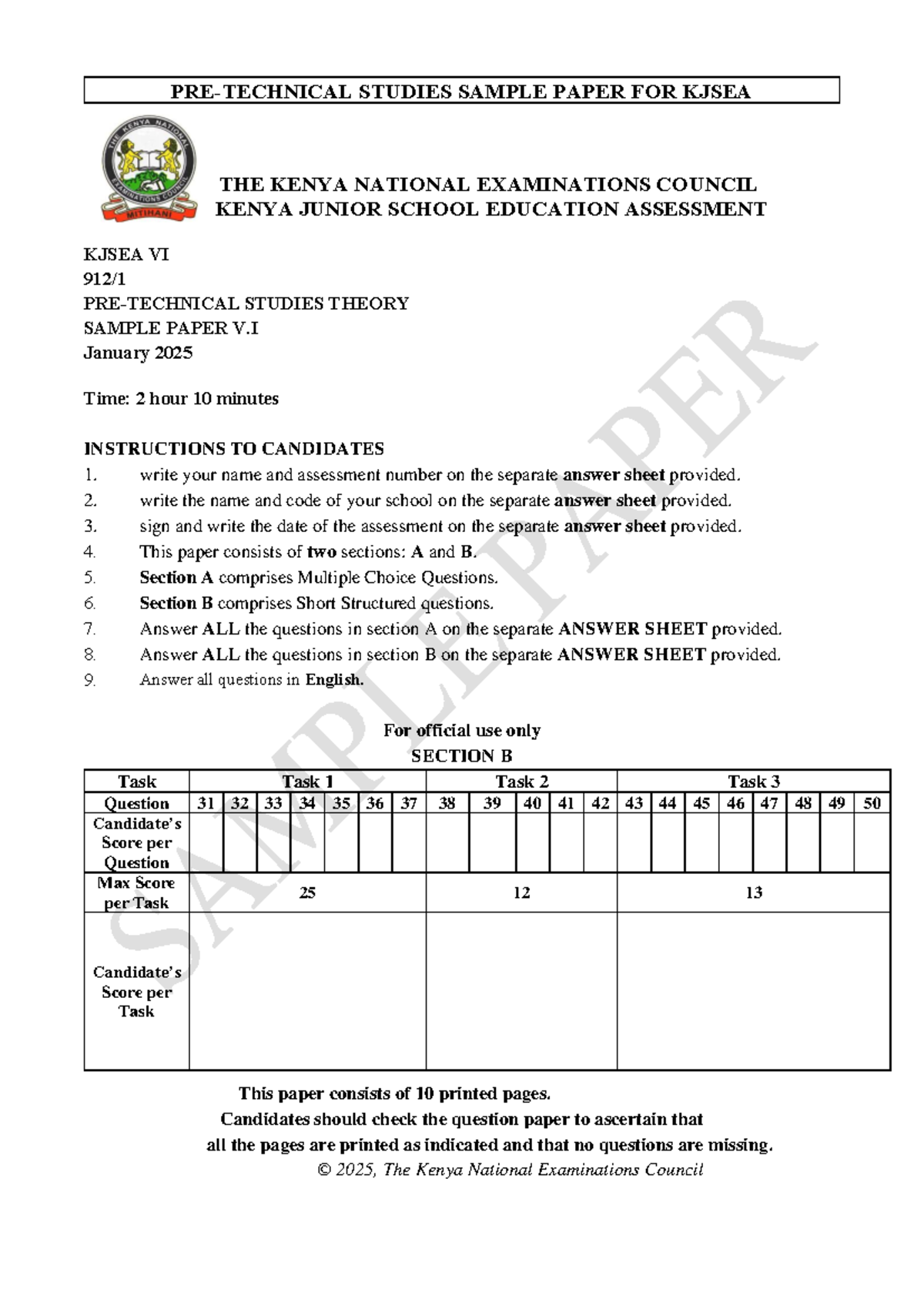 KJSEA 912 Pre-Technical Studies Sample Paper V - January 2025 - Studocu