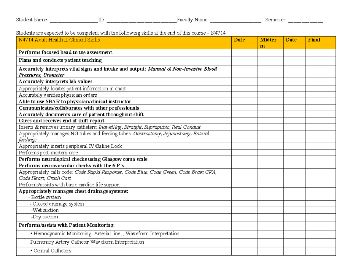 N4714 Adult Health II Clinical Skills Competency Checklist - Studocu