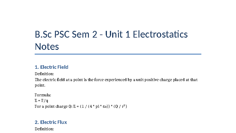 B.Sc PSC Sem 2 Unit 1 Electrostatics Comprehensive Notes - Studocu