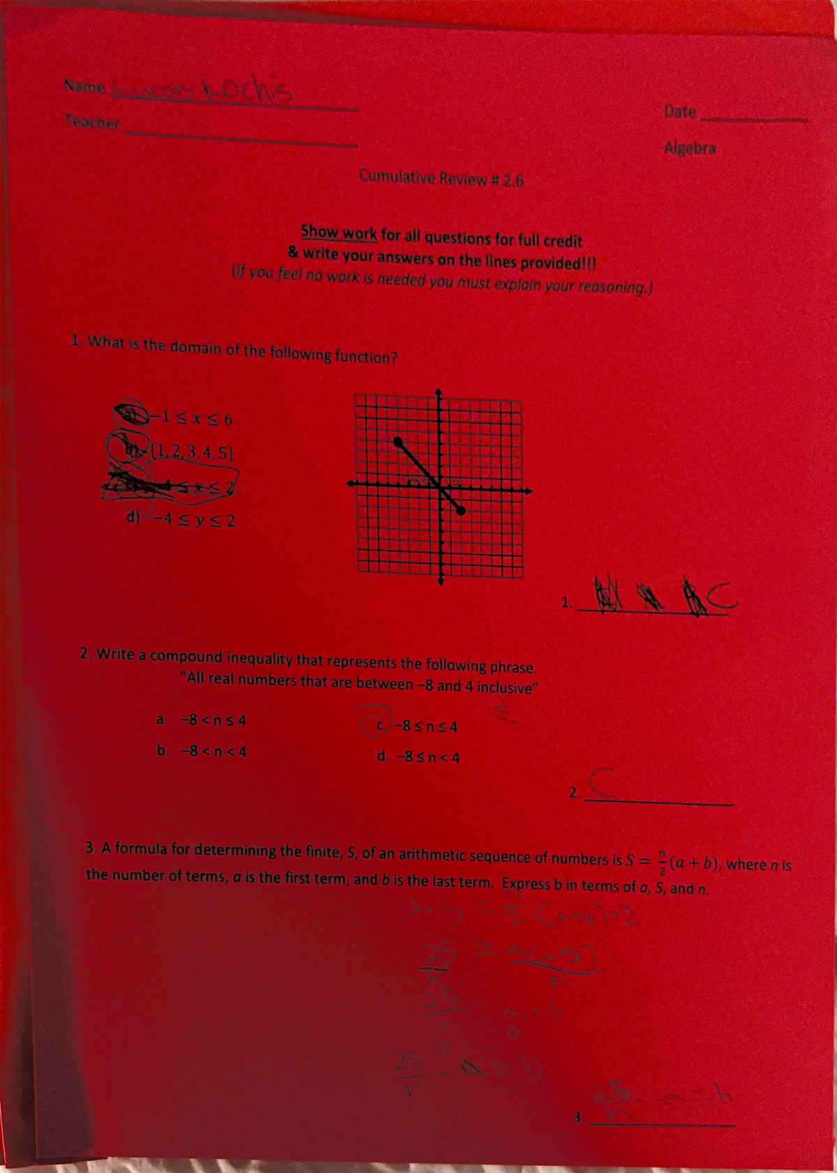 Algebra Cumulative Review 2.6 - Work Required for Full Credit - Studocu